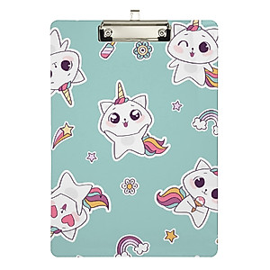 Plastic Clipboard Cute Unicorn Cat Caticorn A4 Letter Size 12.5 x 9 Inch with Metal Low Profile Clip for Office Classroom Students Coaches （Gold Clip）