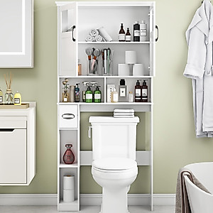 Vabches Over The Toilet Storage Cabinet, Storage Cabinet Over Toilet with Double Doors & Toilet Paper Holder Stand, Freestanding Toilet Shelf Space Saver with Anti-Tip Design & Adjustable Shelf, White