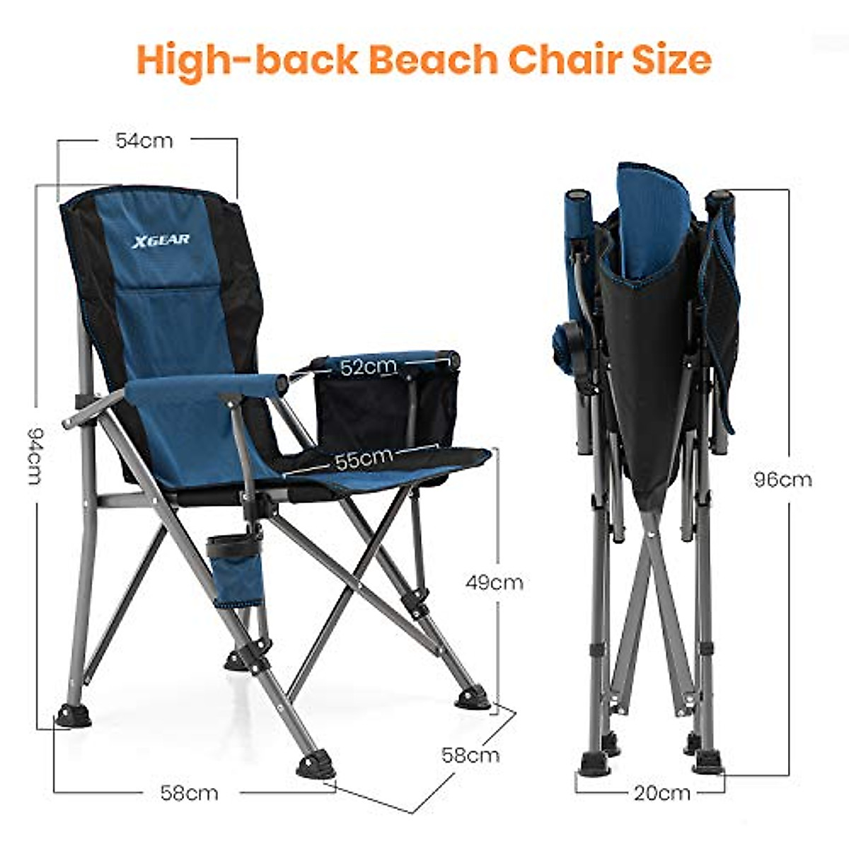 XGEAR Camping Chair Hard Arm High Back Lawn Chair Heavy Duty with Cup Holder, for Camp, Fishing, Hiking, Outdoor, Carry Bag Included (Blue)