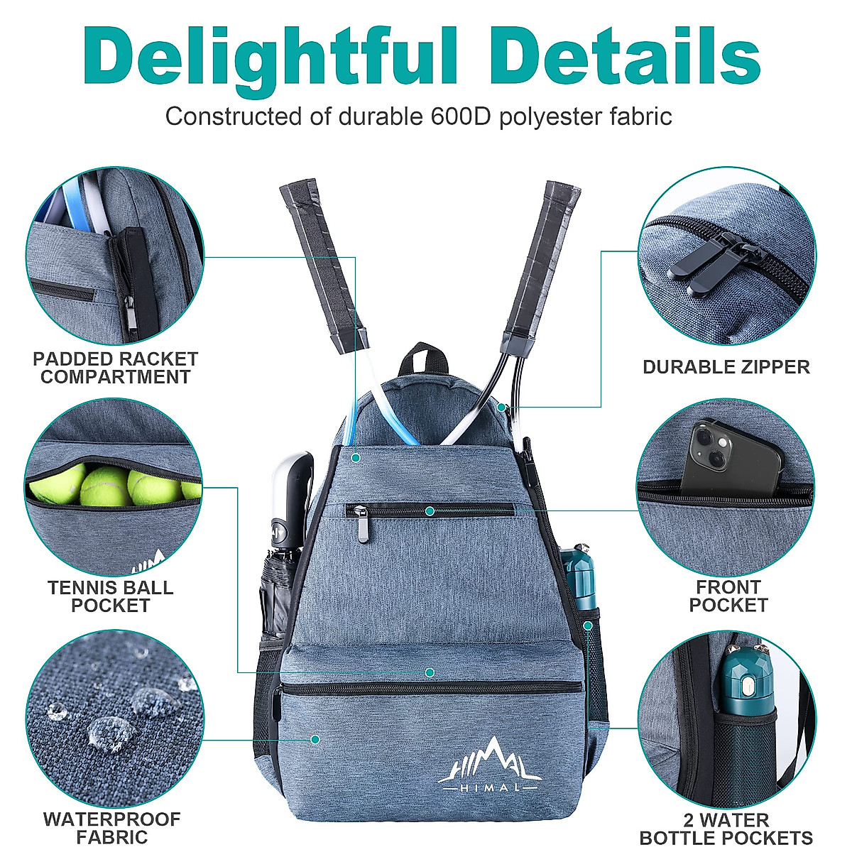 Himal Outdoors Tennis Backpack Tennis Bag - Large Storage Holds 2-3 Rackets and Necessities With Tennis,Pickleball,Racketball,Suitble for Women,Men and Teenagers,Rose Red