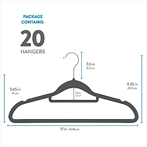 Zober Velvet Hangers 20 Pack - Clothes Hanger W/Tie Bar - Non-Slip, Swivel Hook, Slim Felt Hangers - Suits, Clothes, Pants, Coat Hanger - Gray