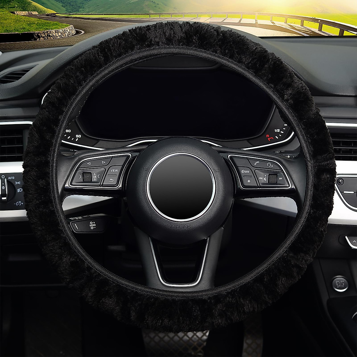 KAFEEK Elastic Long Microfiber Plush Steering Wheel Cover for Winter Warm, Universal 15 inch, Anti-Slip, Odorless, Black