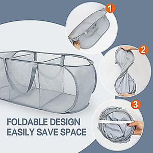 Simfree Laundry Baskets - Collapsible Laundry Baskets Popup Laundry Hamper, Pop-Up Mesh Laundry Hampers with 3 Compartments & Handles for Laundry, Bathroom, Kids Room, Dorm, Travel or Camping- Grey