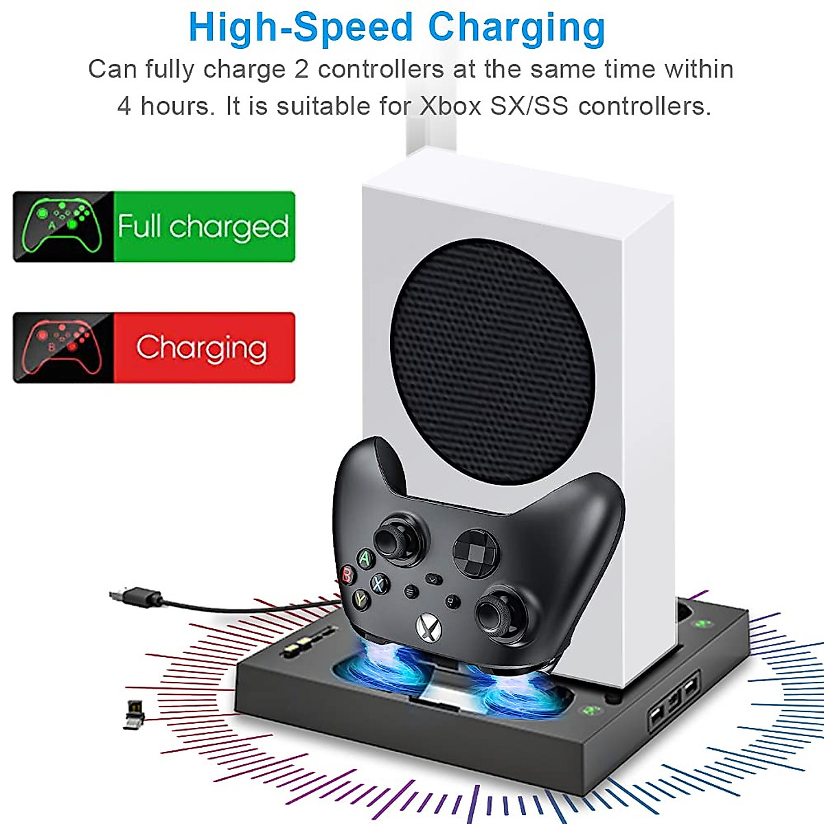 Cooling Fan Stand for Xbox Series S Console with Dual Cooler System, Vertical Charging Station Dual Controller Charger Dock with 2x1400mAh Rechargeable Battery Pack,1 Headset Hanger &4 Type C Adapter