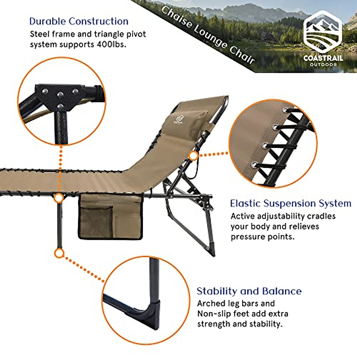 Coastrail Outdoor Folding Chaise Lounge Chair 28 inch Wide, 4 Position Recline Textilene Waterproof Patio Chaise with Pocket and Pillow for Beach,Tanning, Lawn, Supports 400lbs, Beige,X-Large