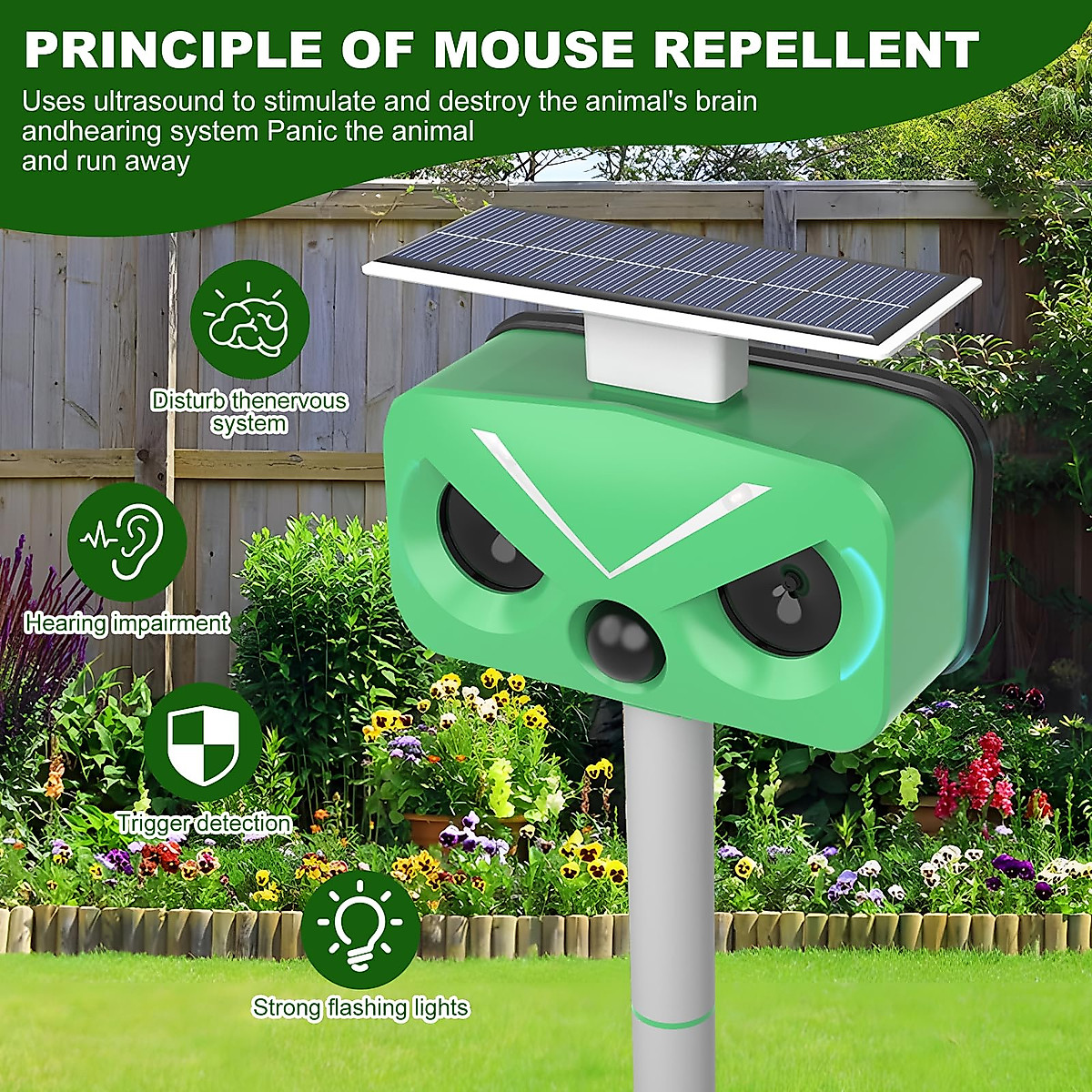 Upgraded Solar Ultrasonic Animal Repeller, Dog Outdoor, Cat Repeller for Squirrel, Raccoon, Skunk, Rabbit, Fox, Deer, Bird etc with Motion Detection, LED Flashing Light 028-2