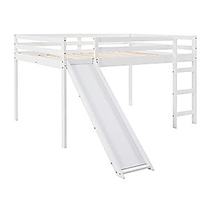 LostCat Full Loft Beds with Slide, Kids Loft Bed with Slide, Wood Full Size Low Loft Bed with Slide and Ladder, Wood Low Loft Bed Frame with Ladder, Wooden Child Bed Frame for Boys Girls, White