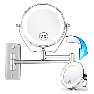 7X Magnifying Lighted Makeup Mirror Wall Mounted Swivel Mirror 6-inch Extending Folding Double Side Cosmetic Bathroom Shaving Mirror Matte Round Chrome Finished Powered by Batteries Vanity Mirror