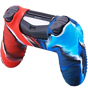 YoRHa Studded Dots Silicone Rubber Gel Customizing Cover for Sony PS4/slim/Pro Dualshock 4 Controller x 1(Camou Red&Blue) with Pro Thumb Grips x 10