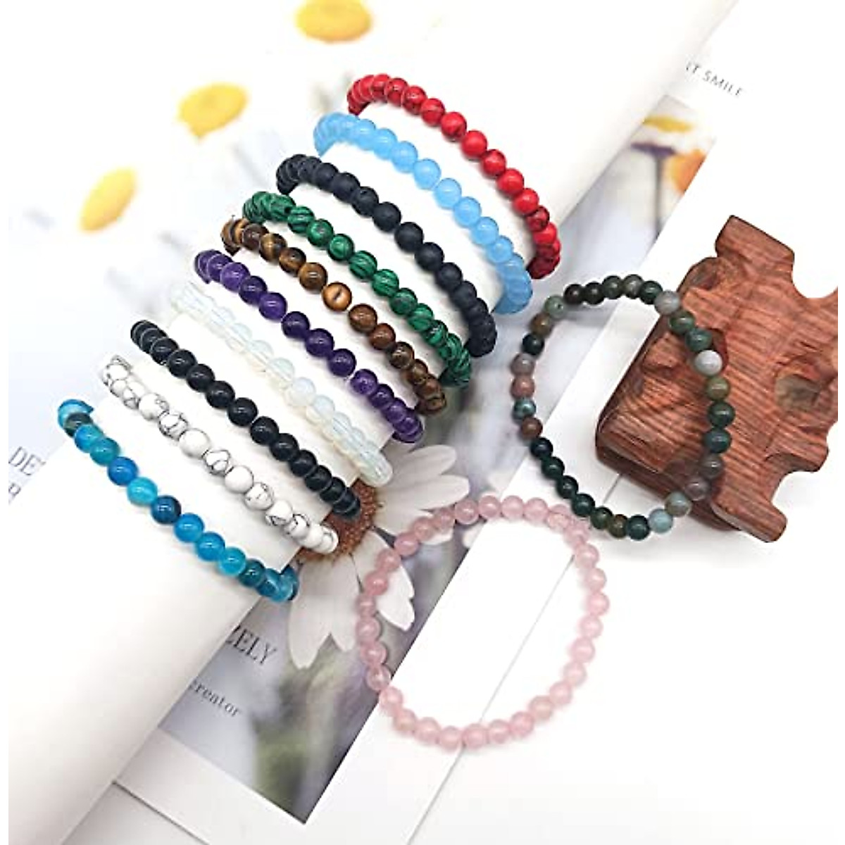 Jewdreamer 12PCS 6mm Gemstones Bracelets for Women Semi Precious Healing Crystal Stone Stretch Round Beaded Bracelet Handmade Energy Bracelets adjustable