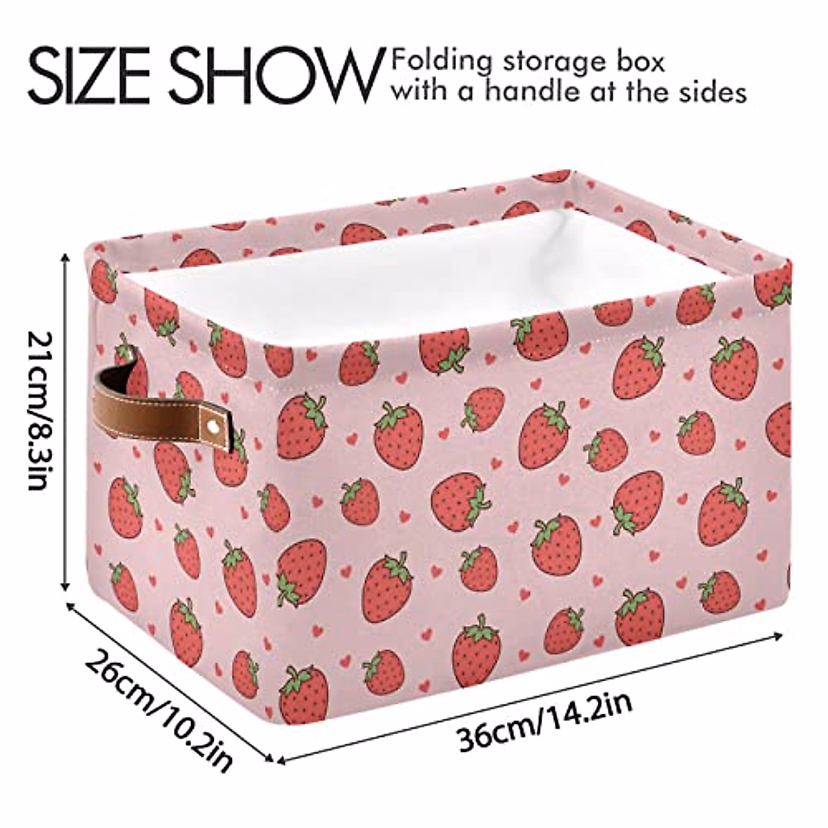 ALAZA Pink Love Heart Strawberry Large Storage Basket with Handles Foldable Decorative 1 Pack Storage Bin Box for Organizing Living Room Shelves Office Closet Clothes