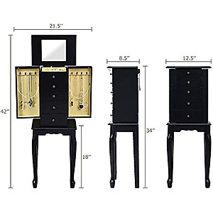 HOMGX (Black, Jewelry Cabinet with Mirror, Armoire Box Storage Chest, Stand Organizer with 5 Drawers & 8 Necklace Hooks