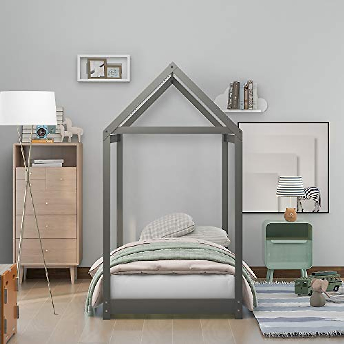 LIADTOP Twin Size Wooden House Bed,Wooden Twin Platform Bed Frame with Headboard and Footboard, Roof Design, for Toddlers Kids Boys Girls Teens,No Box Spring Needed,Grey(New)