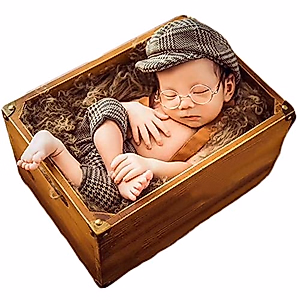 Baby Photography Props Newborn Boy Photo Shoot Outfits Infant Gentleman Suit Lattice Outfit Hats (Coffee)