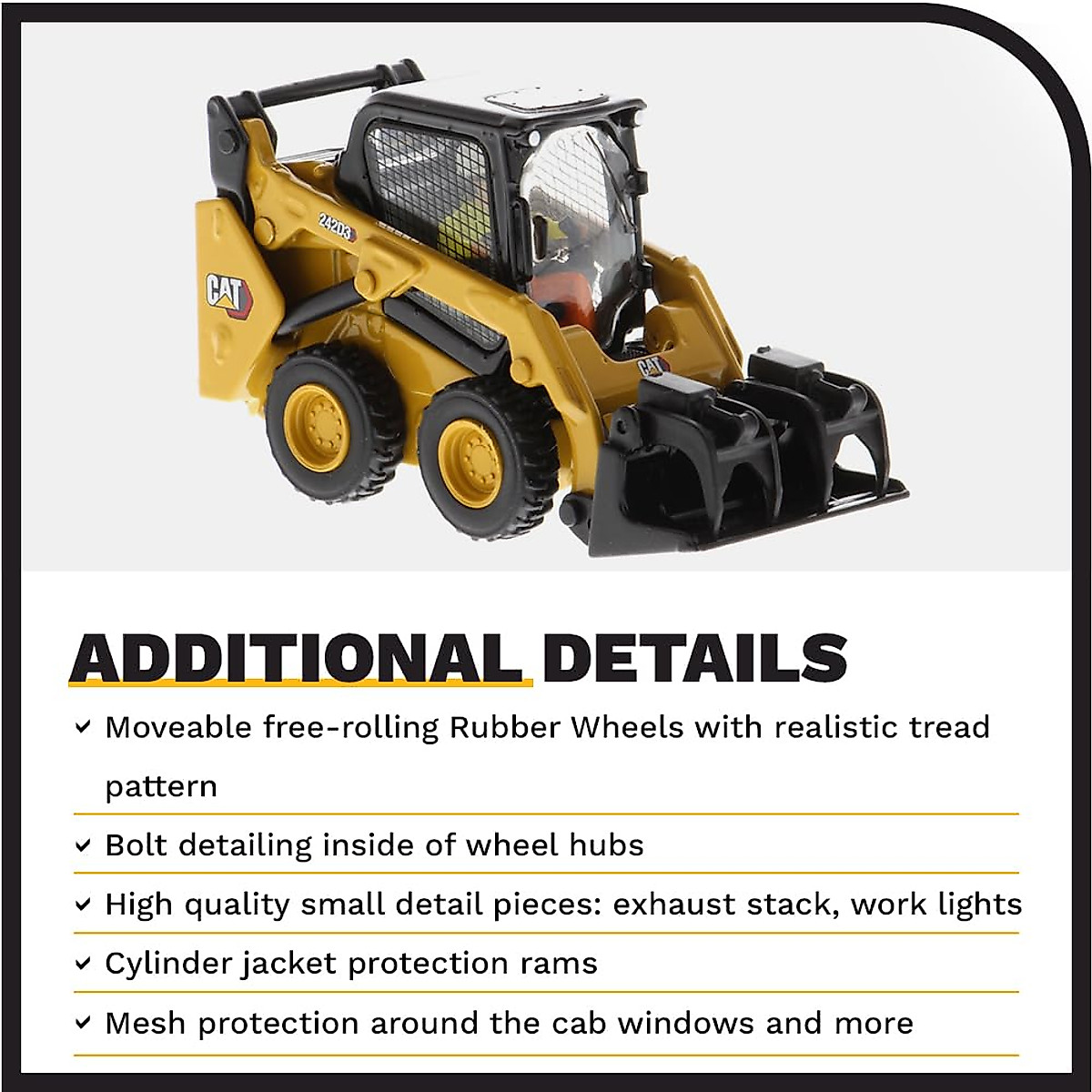 Diecast Masters 1:50 Caterpillar 242D3 Skid Steer Loader with Attachment Accessories | High Line Series Cat Trucks & Construction Equipment | 1:50 Scale Model Diecast Collectible | DM Model 85676