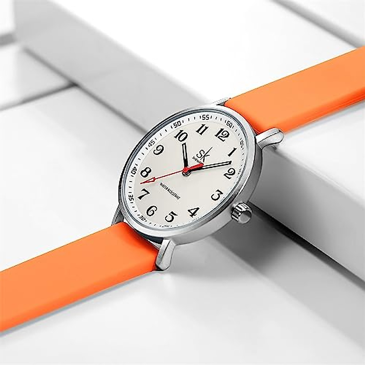 SHENGKE SK Ultra Thin Fashion Sport Sweatproof Women Watch Ladies Watch with Easy Read Dial and Colorful Silicone Band (Silver-Orange)