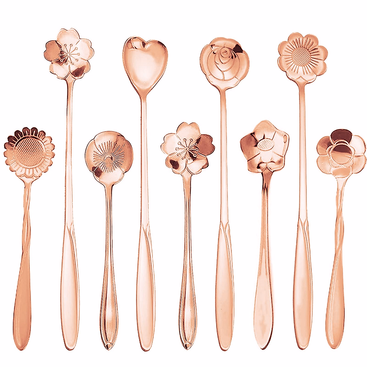 9 Pcs Flower Spoon Coffee Teaspoon Set, ESRISE Stainless Steel Tea Spoon essert Spoon, Cute Demitasse Scoop for Stirring Drink Mixing Milkshake Jam (Rose Gold)