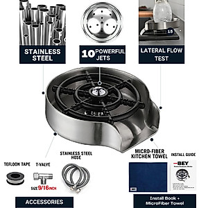 BEY Automatic Glass Rinser - Powerful Cup Washer for Kitchen Sink, Stainless Steel Baby Bottle Cleaner Sinks Attachment, Bar Accessories Spray Metal (Silver Stainless Steel)