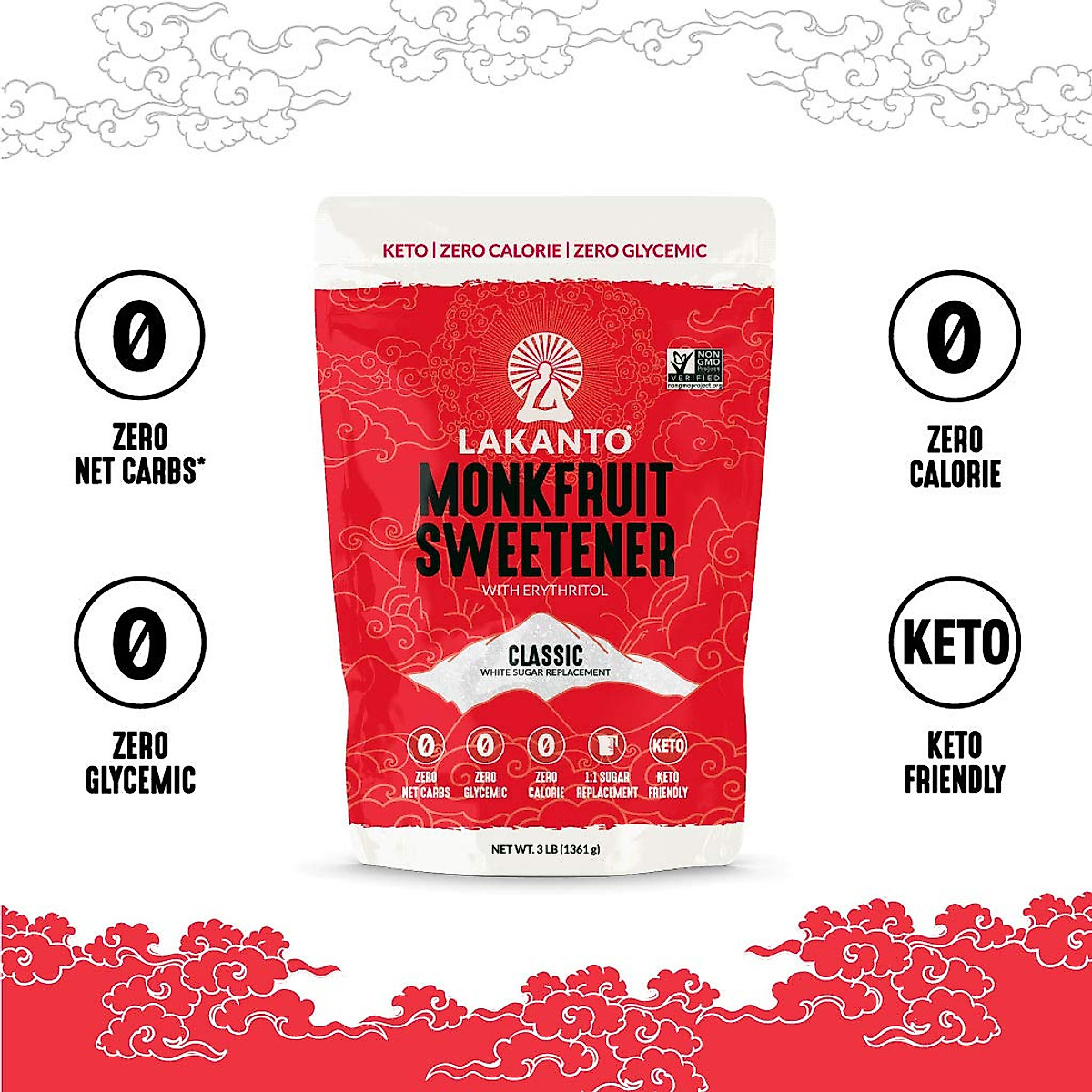 Lakanto Classic Monk Fruit Sweetener with Erythritol - White Sugar Substitute, Baking, Coffee, Tea, Zero Calorie, Keto Diet Friendly, Zero Net Carbs, Extract, Sugar Replacement (Classic White - 3 lb)