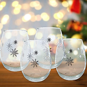 Snowflake Winter Wine Glass Set - Set of 4 Stemless Glasses with Silver Snowflake Designs - 20 oz