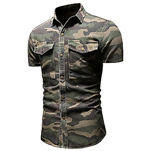 chouyatou Men's Military Style Short/Long Sleeve Camo Printed Button Down Shirt (Large, Green Short)