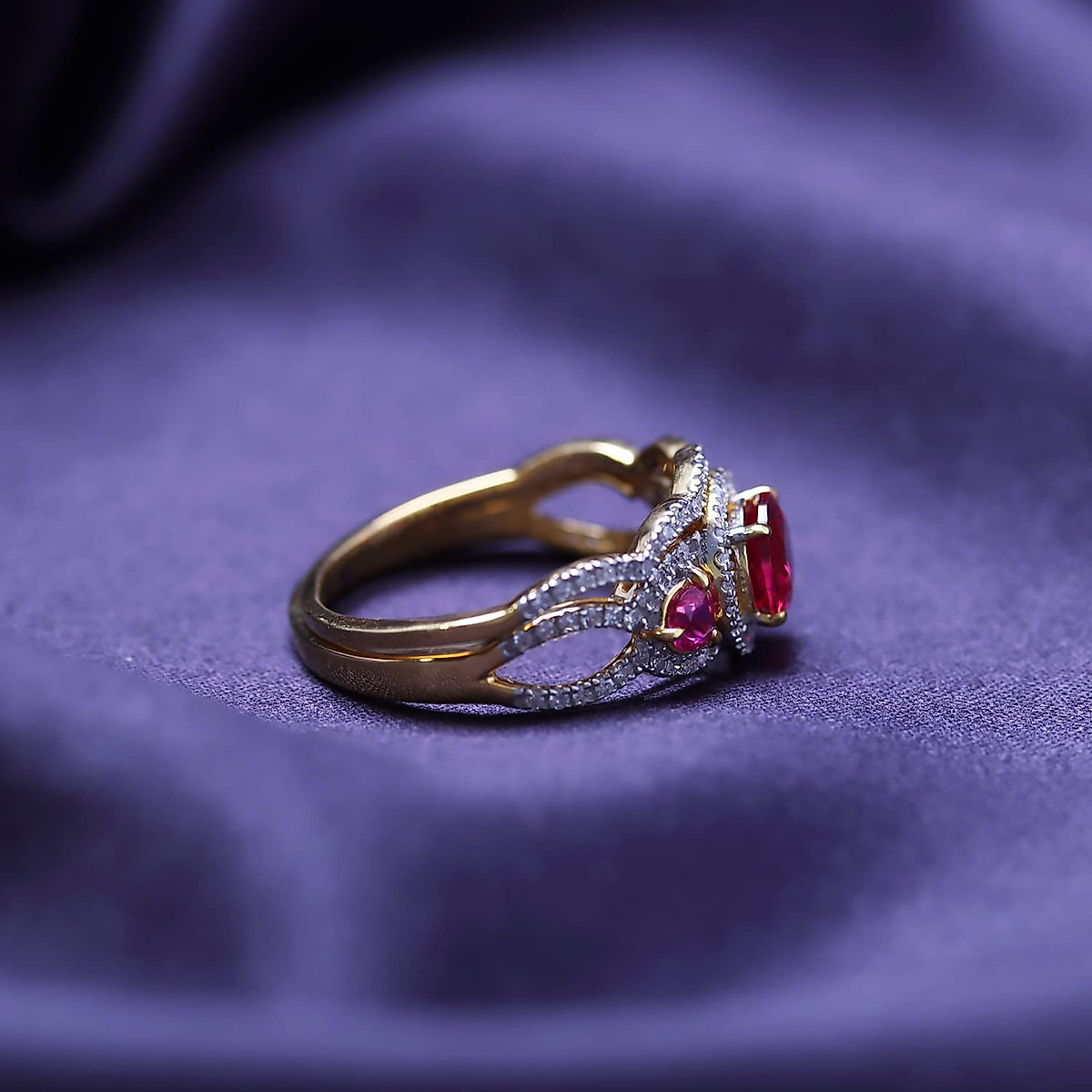 GEMVIO Collection Three Stone Ring, Round Cut Lab Created Ruby Gemstone & Natural Diamond Halo Bridal Set Engagement Ring In 14K Yellow Gold Over Sterling Silver Wedding Band Ring-8