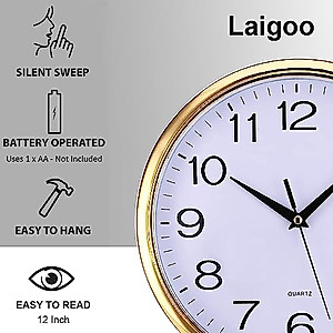 LAIGOO 12 inch Gold Wall Clock Analog, Silent Non-Ticking, Decorative Modern Wall Clock Battery Operated for Living Room Bathroom Bedroom Kitchen Office School