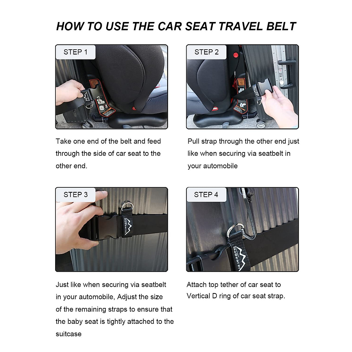 MoBearer Car Seat Travel Belt Adjustable Car Seat Travel Strap to Convert Kid Car Seat and Carry-on Luggage into an Airport Car Seat Stroller Safe Travel Solution for Transport Car Seat (BLACK, LARGE)