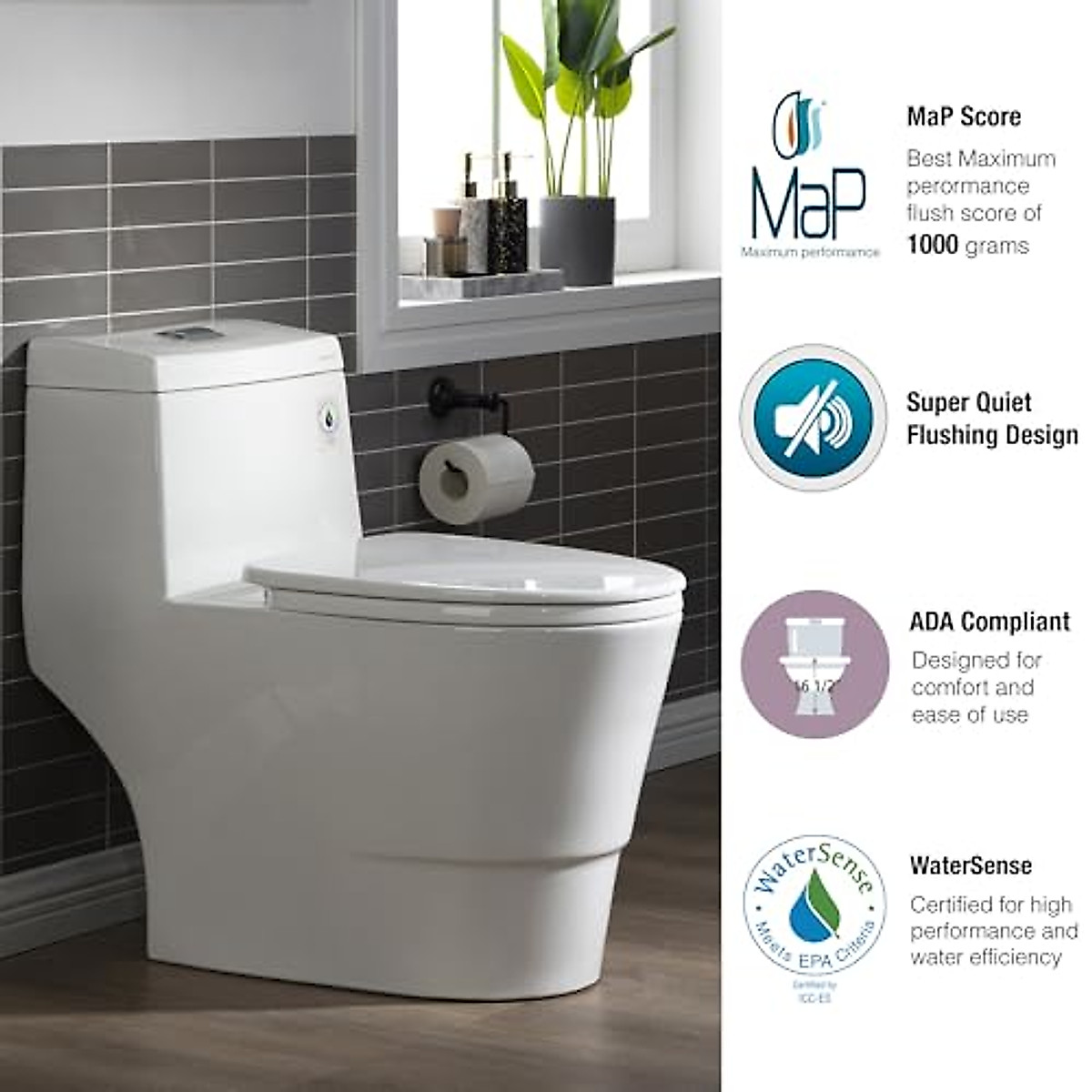WOODBRIDGEE One Piece Toilet with Soft Closing Seat, Chair Height, 1.28 GPF Dual, Water Sensed, 1000 Gram MaP Flushing Score Toilet with Chorme Button, White,B0940-F-C