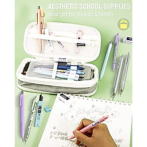 Nicpro 46PCS Aesthetic School Supplies With Big Capacity Pen Case, 26PCS Cute Pastel Mechanical Pencils 0.5 mm & 0.7 mm with 12 Tube HB Lead Refills, Erasers,Eraser Refills for Student Writing Drawing