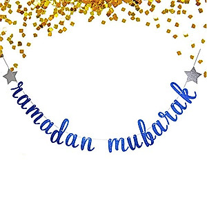 Blue Ramadan Kareem Banner with Silver Stars Hanging Banners Eid Festival Party Decoration