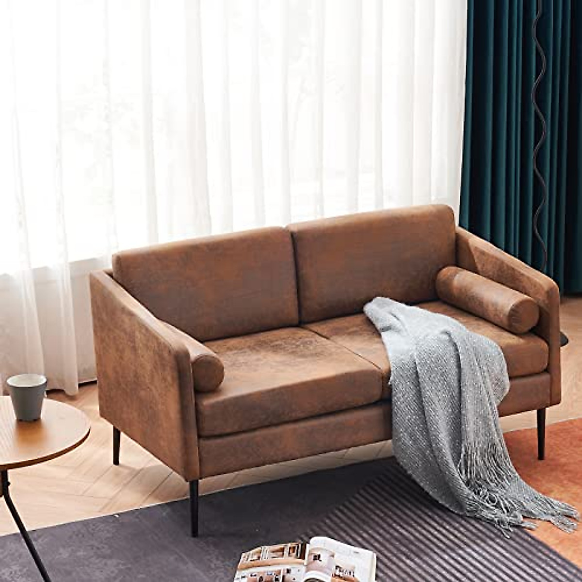 Karl home Loveseat Sofa 52" Bedroom Couch Mid-Century 2-Seat Sofa Bronzing Cloth Upholstered Love Seat with Metal Legs for Living Room, Bedroom, Balcony, Apartment, Office, Brown