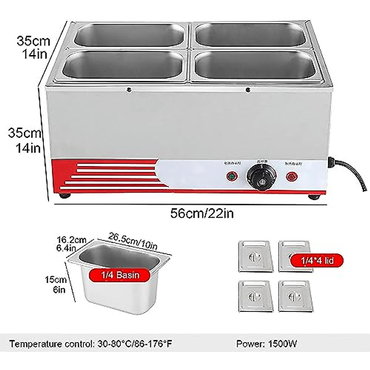 4-Commercial Electric Food Warmer Buffet Server Food Warming Tray, 1500W Stainless Steel Food Steamer Soup Station, for Restaurants, Catering, Cafeterias, Home Parties, Hotels