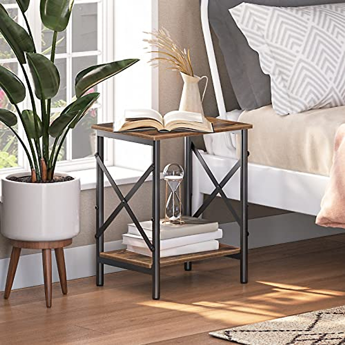ALLOSWELL Nightstands Set of 2, End Tables with Storage Shelf, Bedside Tables X-Shaped Design, Side Tables for Living Room, Bedroom, 14.6 x 10.6 x 19.9 Inches, Easy Assembly, Rustic Brown ETHR2801S2