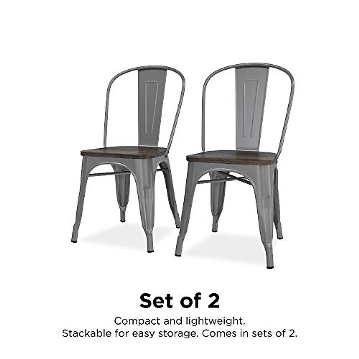 DHP Fusion Metal Wood Seat, Silver, Set of 2, Dining Chair
