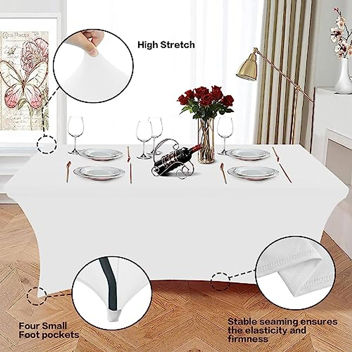 IOFRYION 2 Pack 6FT Table Cloth for Rectangular Tablecloth White Stretch Fitted Table Cover Spandex Tablecloths Table Protector for Event, Cocktail, Wedding, Banquet or Parties