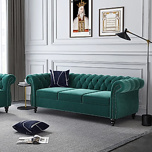 PHOYAL Large Sofa, Velvet Sofa Three-seat Sofa Classic Tufted Chesterfield Settee Sofa Modern 3 Seater Couch Furniture Tufted Back for Living Room (Green)