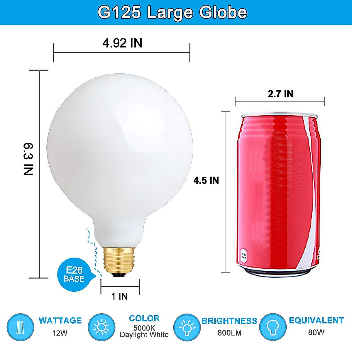 CRLight 12W Dimmable LED Large Globe Bulb 5000K Daylight White Glow, 80W Equivalent 800LM, E26 Antique Edison G125 Large Milky Pearl Glass LED Light Bulbs, Smooth Dimming