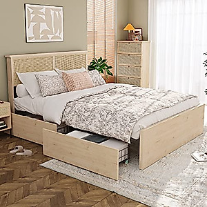 Yechen Queen Bed Frame with Natural Rattan Headboard and Wooden 4 Storage Drawers, Metal Platform with Strong Wooden Slats Support, Boho Cane Bed Mattress Foundation, No Box Spring Needed