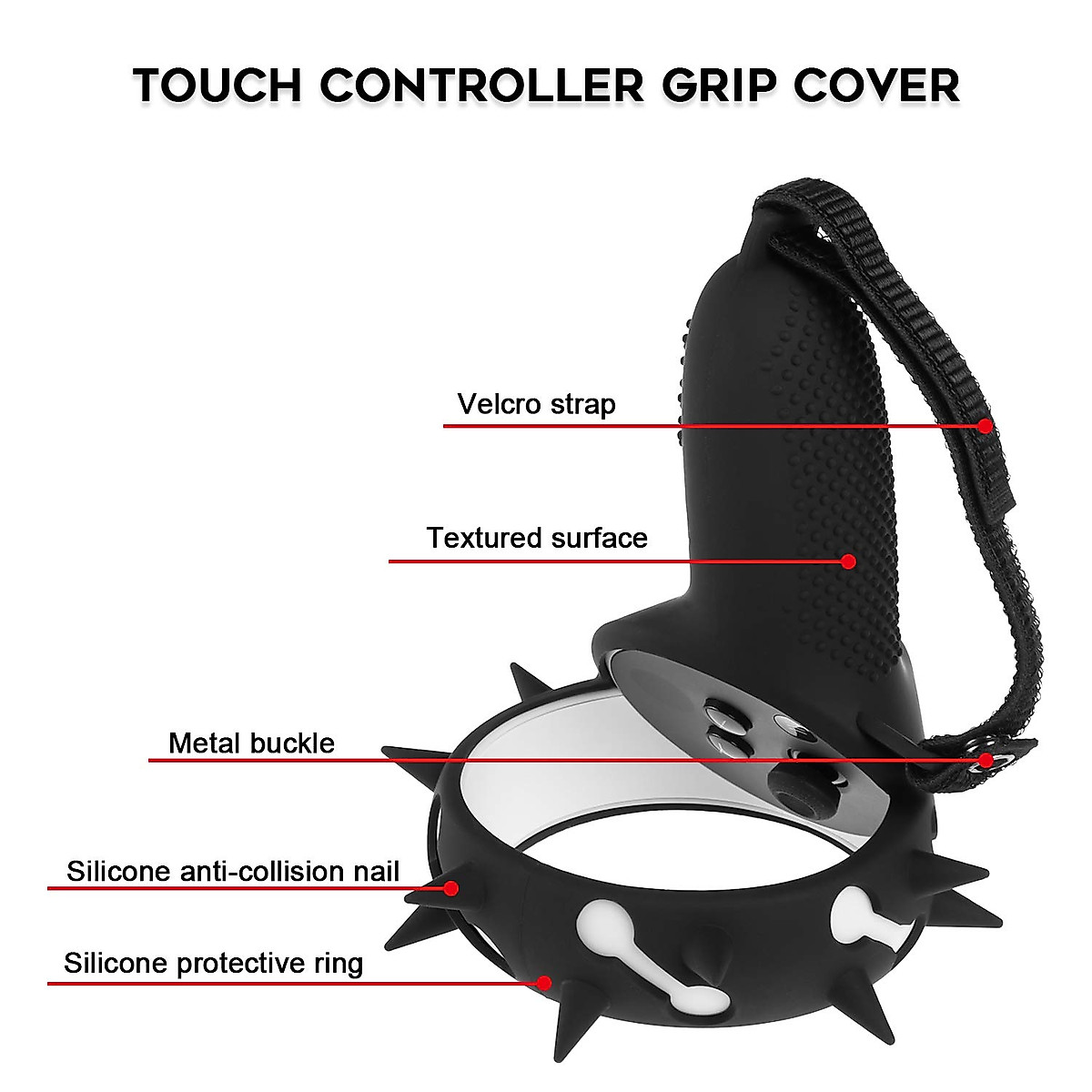 (1 Set) Seltureone Compatible for Quest 2 Touch Controller Full Grip Cover with Prick, Spiny Anti-slip Anti-fall Protective Silicone Sleeve with Hand Strap for Quest 2 Right Left, Black