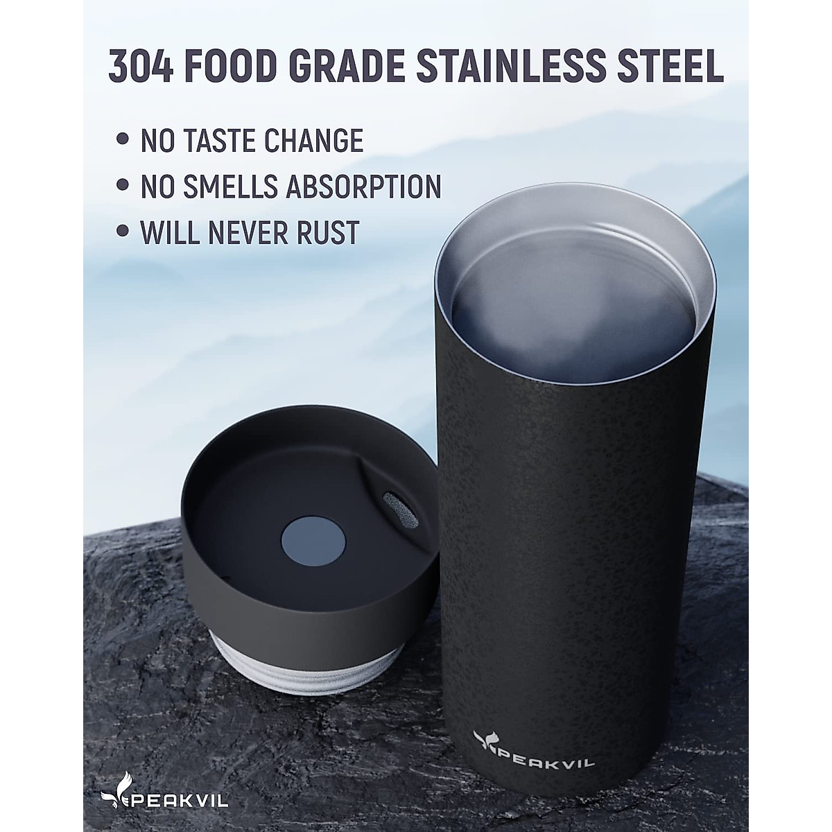 Peakvil 16 oz Insulated Thermos Travel Coffee Mug with Push Button Lid - Leakproof Reusable 304 Stainless Steel Tumbler Cup for Keep Hot/Ice