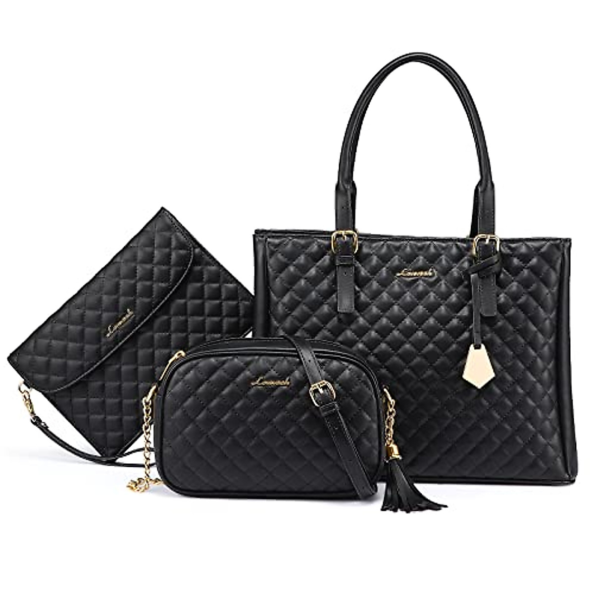 LOVEVOOK Purses for Women, Quilted Womens Handbags and Purses Set with Vegan Leather, Fashion Tote Purse with Top Handle, Satchel Shoulder Bag with Top Zipper, 3pcs, Black