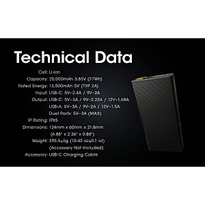 Nitecore Carbo 20000 Lightweight 20000mAh Power Bank for Outdoor, QC PD Quick Charge, USB & USB-C Dual Ports Waterproof Impact Resistant with Lumentac USB Cable