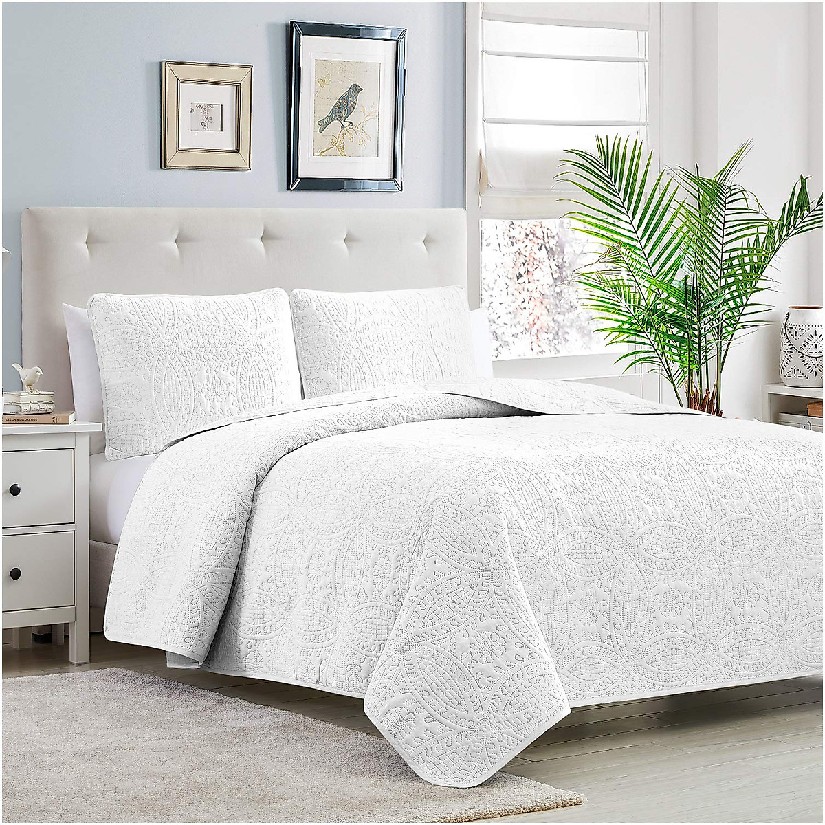 Mellanni Full/Queen Bedspread Coverlet Set - Bedding Cover with Shams - Ultrasonic Quilting Technology - 3 Piece Oversized Quilt Set - Bedspreads & Coverlets (Full/Queen, White)