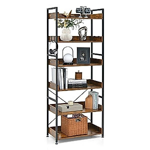 LOKO Industrial 6-Tier Bookshelf, 70” Tall Storage Shelves w/ 4 Hooks, Freestanding Storage Rack with Metal Frame, Vintage Standing Display Rack for Living Room, Bathroom, Balcony, Kitchen, Brown