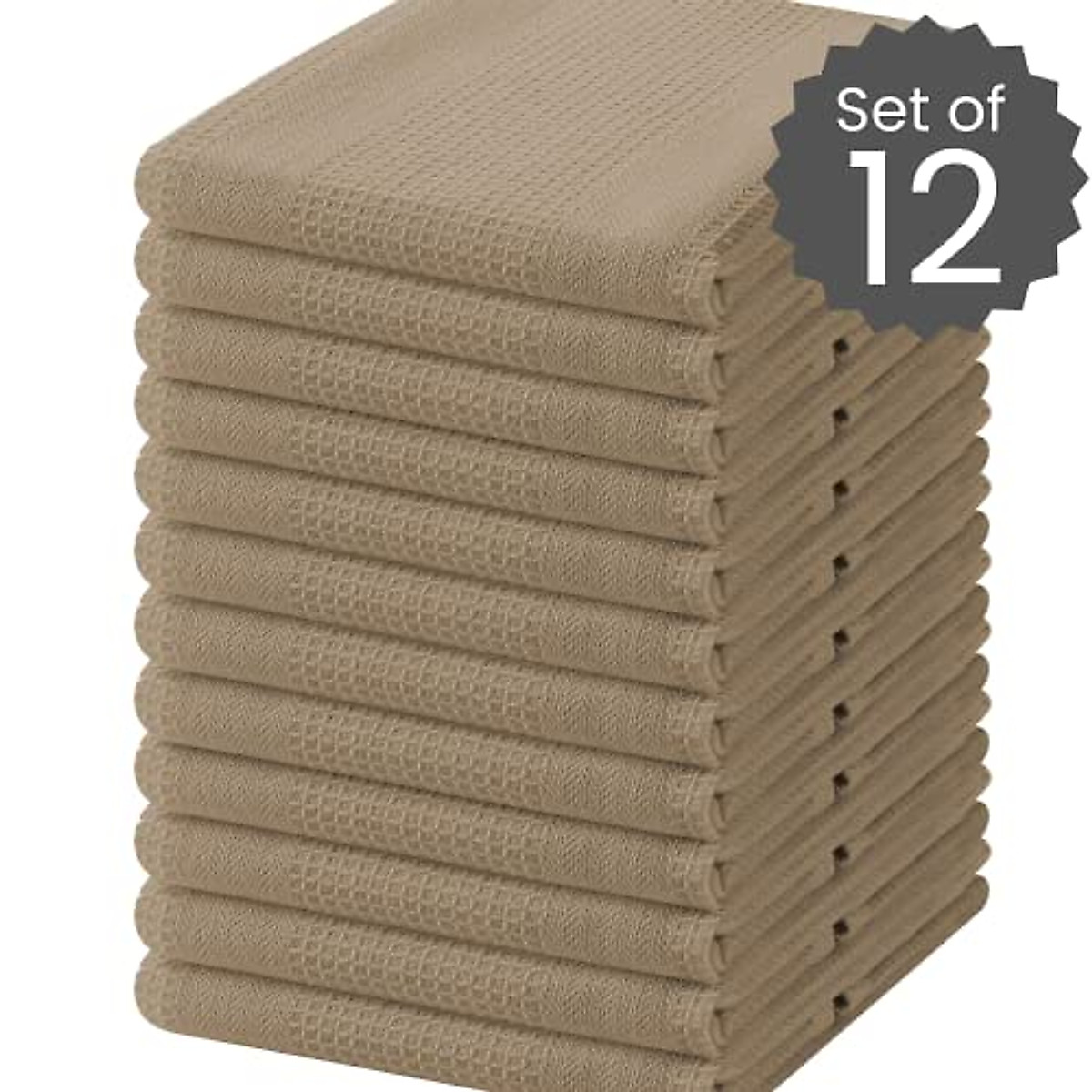 Cotton Clinic Premium Waffle Kitchen Towels 12 Pack – Soft Absorbent Quick Drying Table and Kitchen Linen - Dish Towels, Dish Cloths, Tea Towels and Cleaning Towels with Hanging Loop – 16x28 / Beige