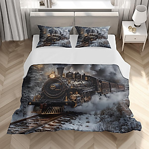 Lokaluo Train Duvet Cover King Size 3D Printed Vehicle King Duvet Cover Set Vintage Train Rail Road Smog Tree Snow Bedding Set Room Decor All Season 3 Pcs Comforter Cover with 2 Pillowcases
