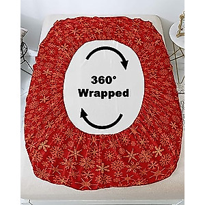 Full Size Fitted Sheet Bed Set Winter Christmas Gold Snowflake Deep Pocket Soft Bottom Sheets&Pillowcases for Bedroom Decor Seamless Snow on Red,Fits Mattress Up to 16" Deep