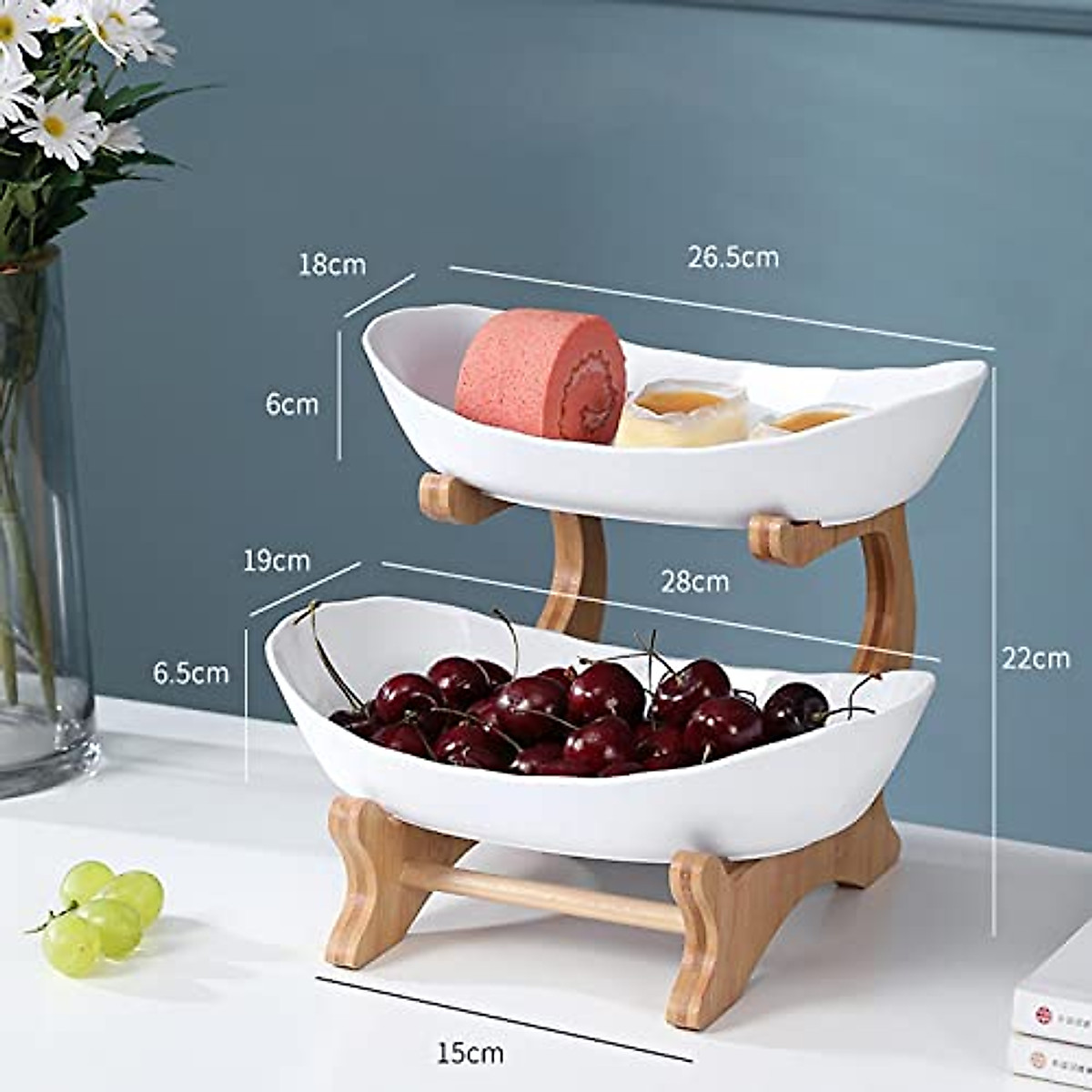 Elegant Multi-Tiered Fruit Tray Plate with Wooden Stand, Serving Tray, Appetizer Dessert Stand, Tray Display, 2 Tiers White