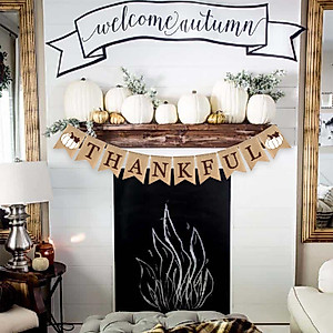 Thankful Banner Holiday Decorations Fall Mantel Garland Rustic Harvest Autumn White Pumpkin